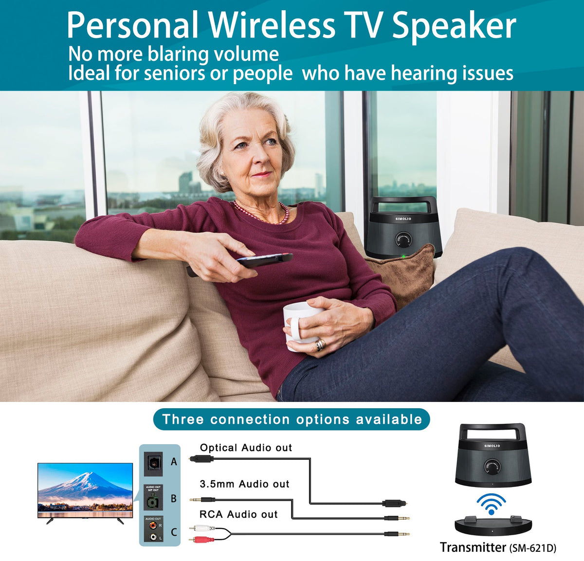 SIMOLIO Wireless Portable TV Speakers for Seniors and Hearing Impaired ...